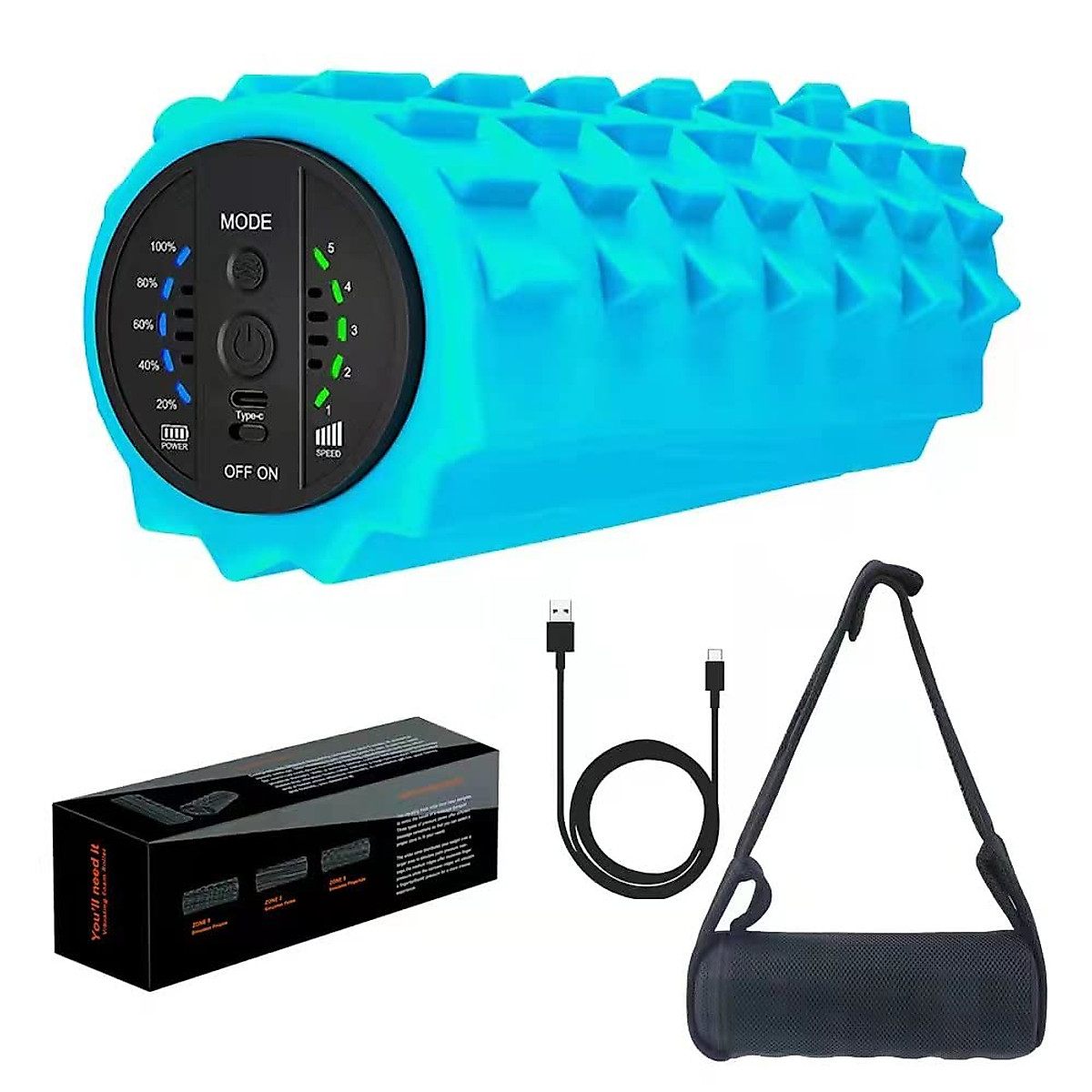 AISIGER Vibrating Foam Roller 5 Vibration Intensities, Next Generation Electric Foam Roller for Muscle Release, Fitness Deep Massage Foam Roller with Bag - Blue