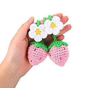 2 PCs Cute Crochet Strawberry Hanging Ornament for Car Rearview Mirrior Decor, Hanging Charms Accessories, Pendant Fruit for Gift-Handmade Knitted (Pink)
