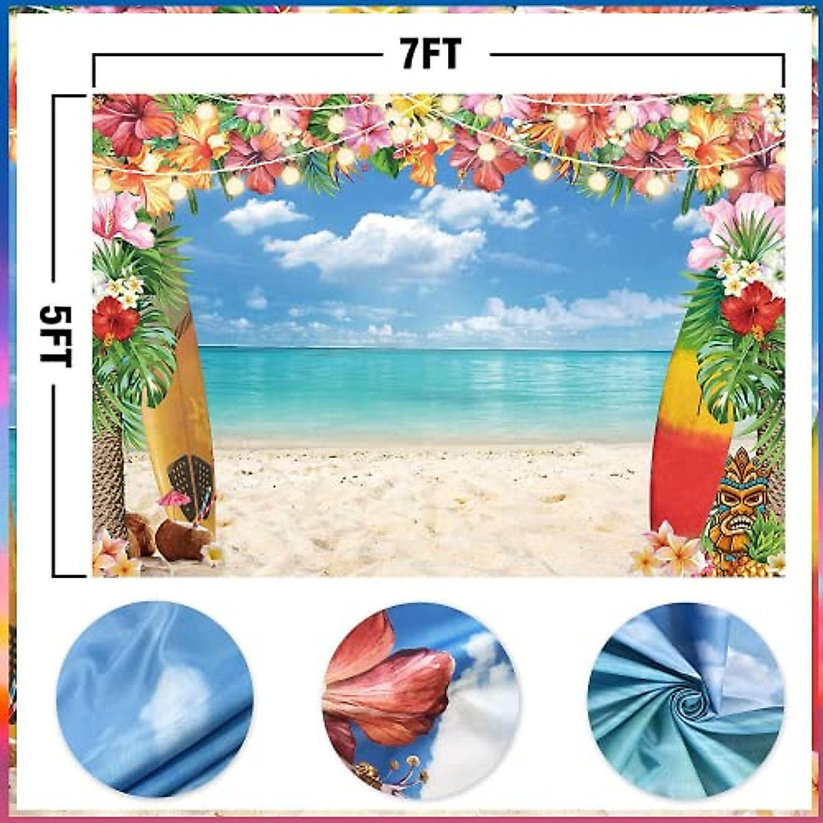 LIVUCEE 7x5ft Fabric Summer Hawaiian Beach Backdrop for Photography Tropical Flower Luau Hawaiian Party Decorations Aloha Blue Sky Ocean Palm Leaves Background Suppiles Photoshoot