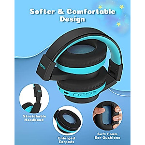 Kids Bluetooth Headphones, Colorful Wireless Over Ear Headset with 85dB/94dB Volume Limited, 45H Playtime, 3 Lighting Modes, Built-in Mic Headphones for Boys Girls iPad Tablet School Airplane Blue