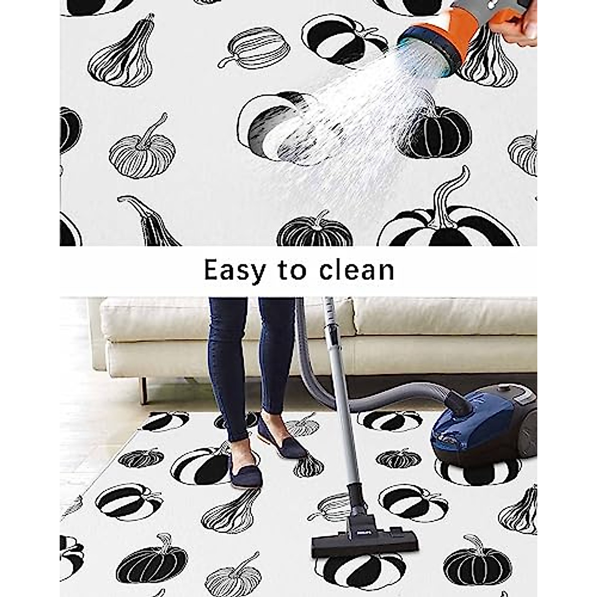 Thanksgiving Fall Outdoor Rug for Patio/Deck/Porch, Non-Slip Large Area Rug 6 x 9 Ft, Simple Black and White Fall Pumpkin Indoor Outdoor Rugs Washable Area Rugs, Reversible Camping Rug Carpet Runner