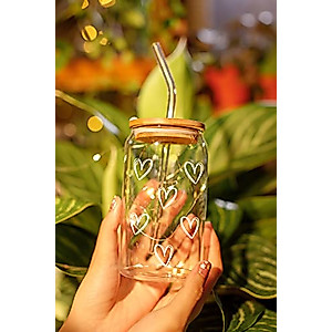 NewEleven Cute Glass Coffee Cups With Lids And Straw – Aesthetic Cups – Iced Coffee Cup, Coffee Tumbler, Glass Tumbler – Christmas Gifts For Women, Coffee Lover - 16 Oz Coffee Glass