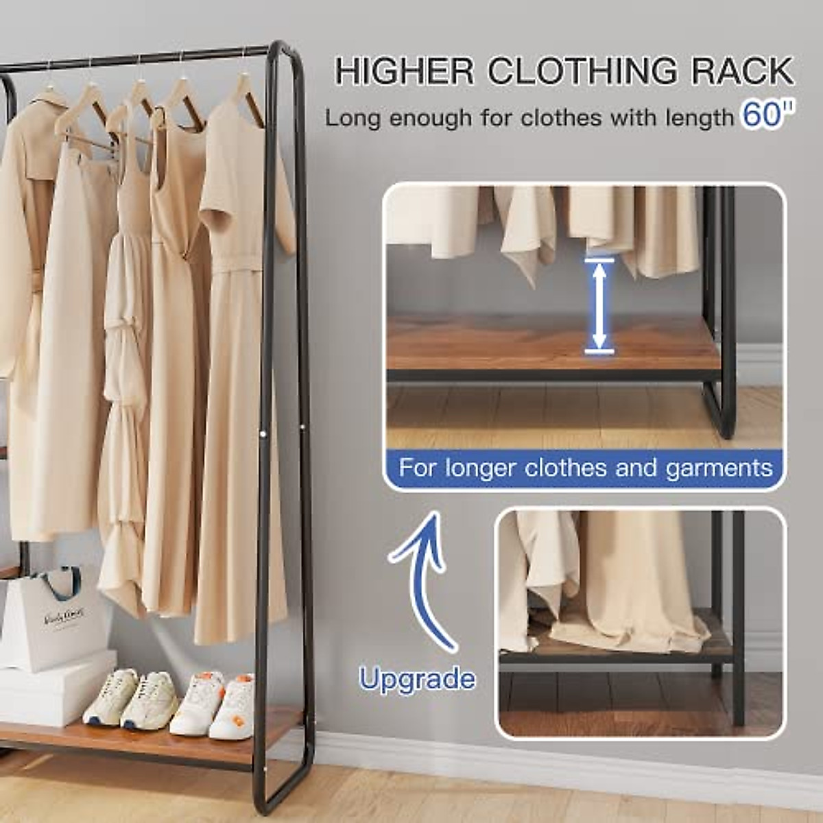 Raybee Clothing Rack 67”H Clothes Rack with Shelves Clothing Racks for Hanging Clothes Heavy Duty Garment Rack Portable Clothing Rack with Shelves Free Standing Wardrobe Closet 67" Hx39.8 Lx15.8 D
