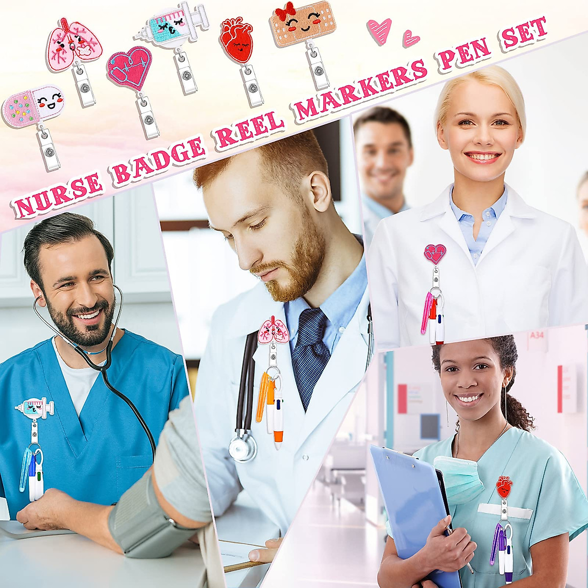 24 Pcs Nurse Pen CNA Week Appreciation Gift Set 6 Permanent Marker Pen 6 Retractable Ball Pen 6 Tip Highlighter 6 Nursing Badge Reel Holder Felt Badge Clip ID Name Reel for Nurses Gifts(Nurse Style)