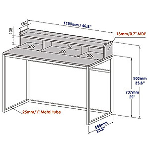 CENSI French Oak Writing Computer Desk with Hutch, 47 Inch Modern Wood and Metal Home Office Desk (Grey Wash)