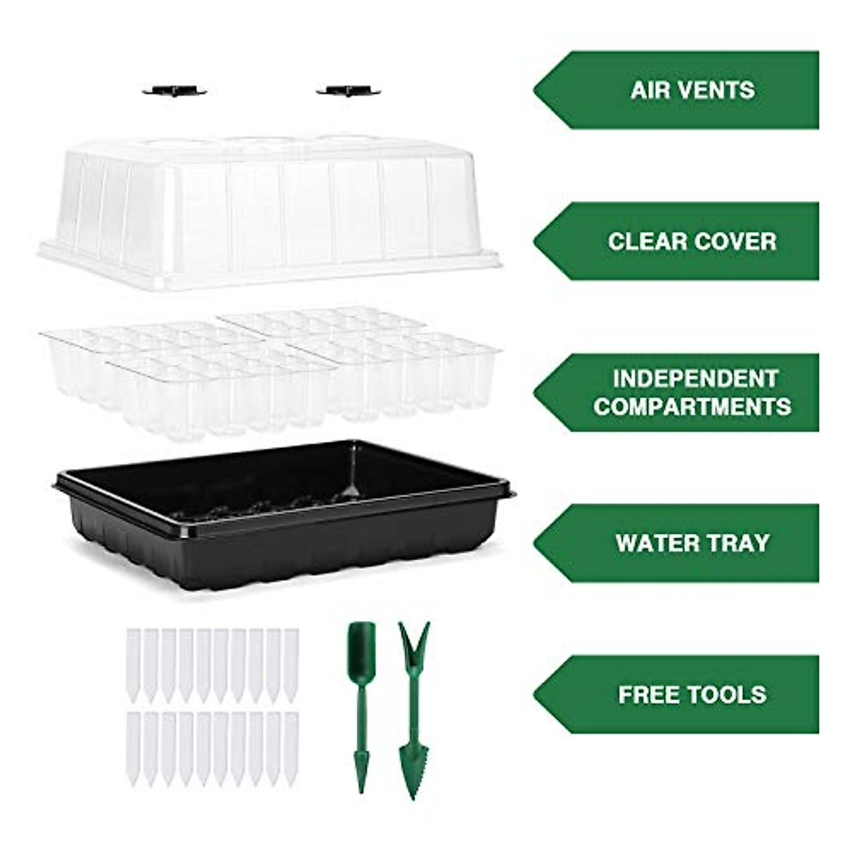 Delxo 3-Pack Seed Starter Tray Seedling Kit Tray (48 Cells per Tray) Humidity Adjustable Plant Germination Kit Garden Seed Starting Tray with Clear Dome and Black Base Plus Plant Tags Hand Tool Kit