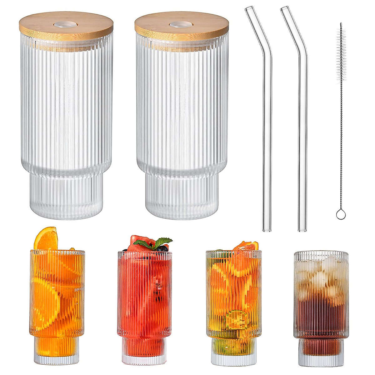 Glass Cups with Silicone Sleeve Bamboo Lid 12 oz Reusable Wide Mouth Mason Jar with Glass Straw for Car Cup Holder,Party or Travel for Smoothie, Iced Coffee, Large Pearl, Juice, Dishwasher Safe