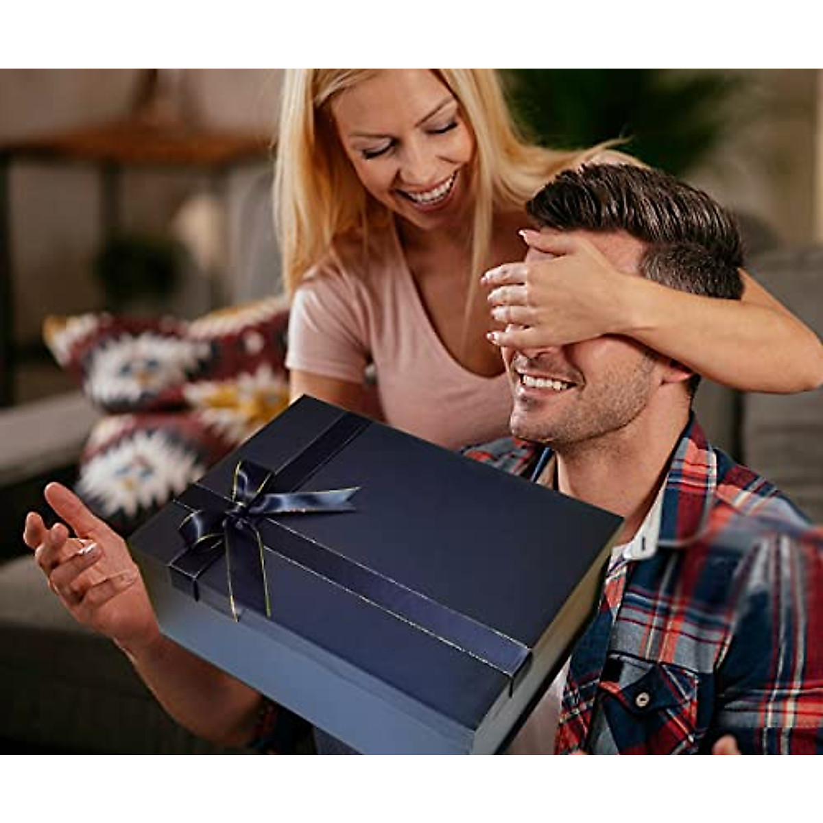 MYGOGOART Large Black Gift Box 11.2x8.2x4.2 Inches with Lid, Ribbon Bow, Shredded Raffia Paper Fill, Greeting Card and Envelope for Wedding Birthday Valentines Bridal Gifts (1 pack, Black)