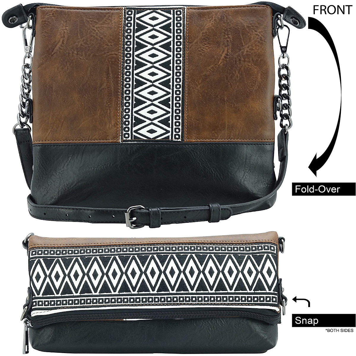 K&Bo Juniper Women’s Chain Crossbody Handbag Purse Brown, Boho Embroidered Medium, Converts to Clutch Bag, Lightweight