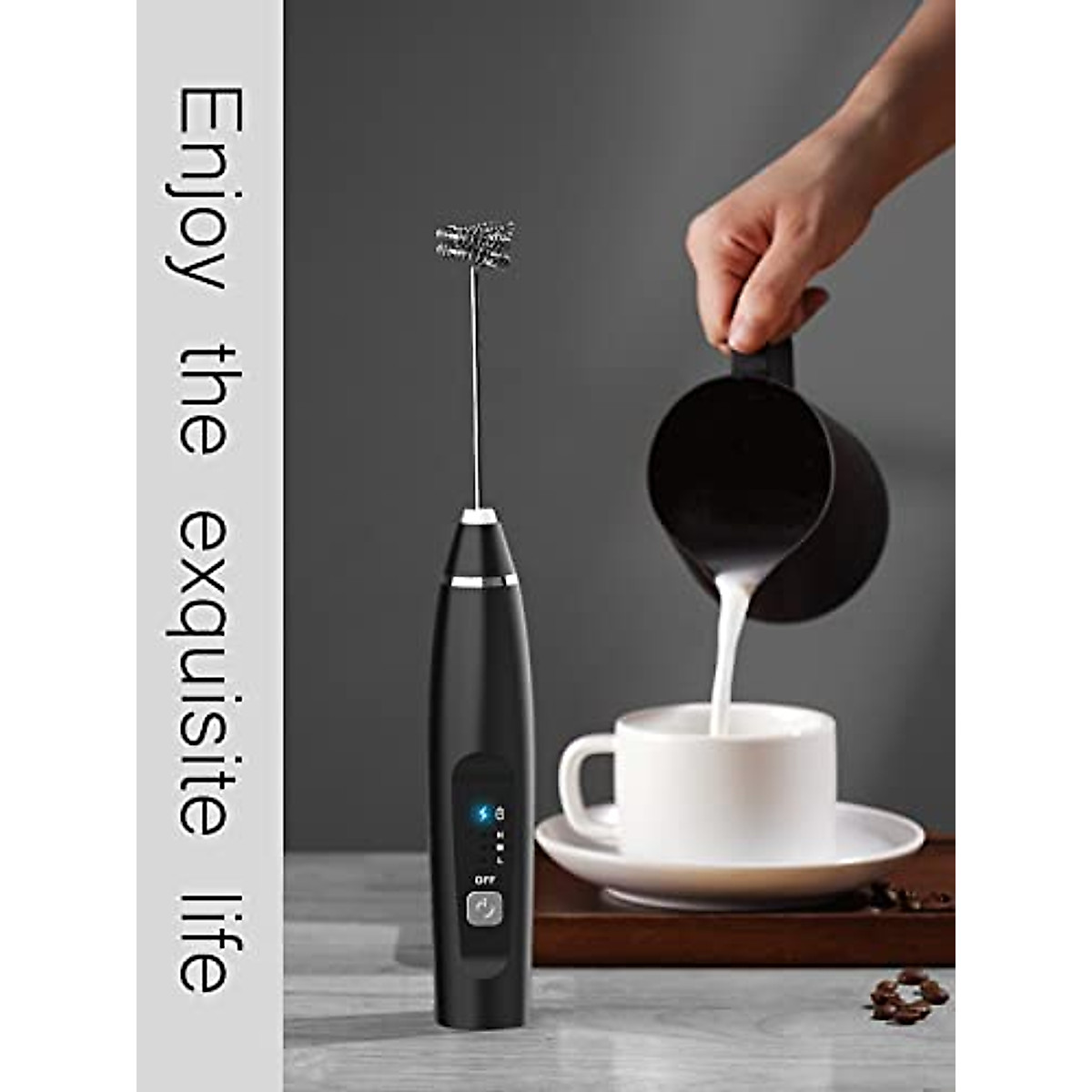 LANOOPITY Milk Frother Handheld, Handheld Electric Stirrer Foam Maker Whisk with USB Rechargeable 3 Speeds, Mini Milk Foamer for Coffee Latte, Cappuccino, Frappe, Matcha, Hot Chocolate - Black