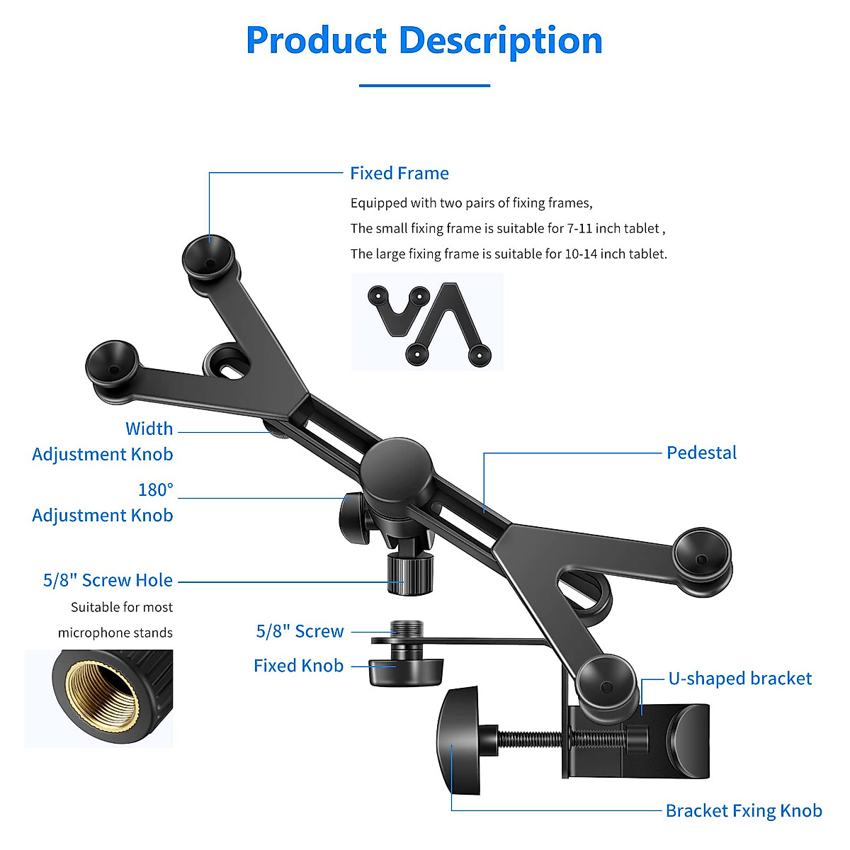 Neewer 7-14 inches Adjustable Tablet Holder Mount with 360 Degree Swivel Clamp for Connecting with Microphone Stand, Compatible with iPad, iPad Pro, iPad Air, Google Nexus Samsung Galaxy