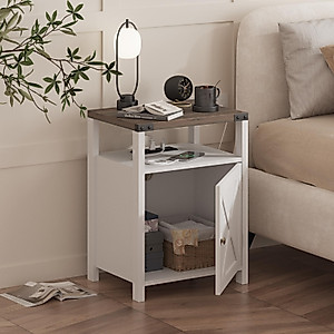 Fameill Nightstands Set of 2, Night Stand with Charging Station, Bed Side Table with Storage Cabinet, Farmhouse End Table for Living Room with USB Ports and Outlets, White