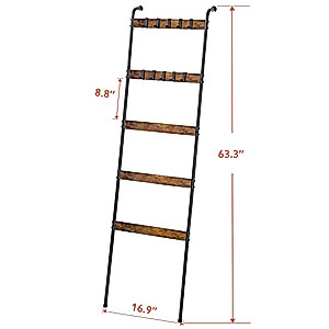 Ousheng Blanket Ladder, 5 Tier Blanket Holder with 10 Removable Hooks, Farmhouse Style Blanket Ladder for Living Room Bathroom, Decorative Wall Mounted Wooden Quilt Standing Towel Drying Storage Rack