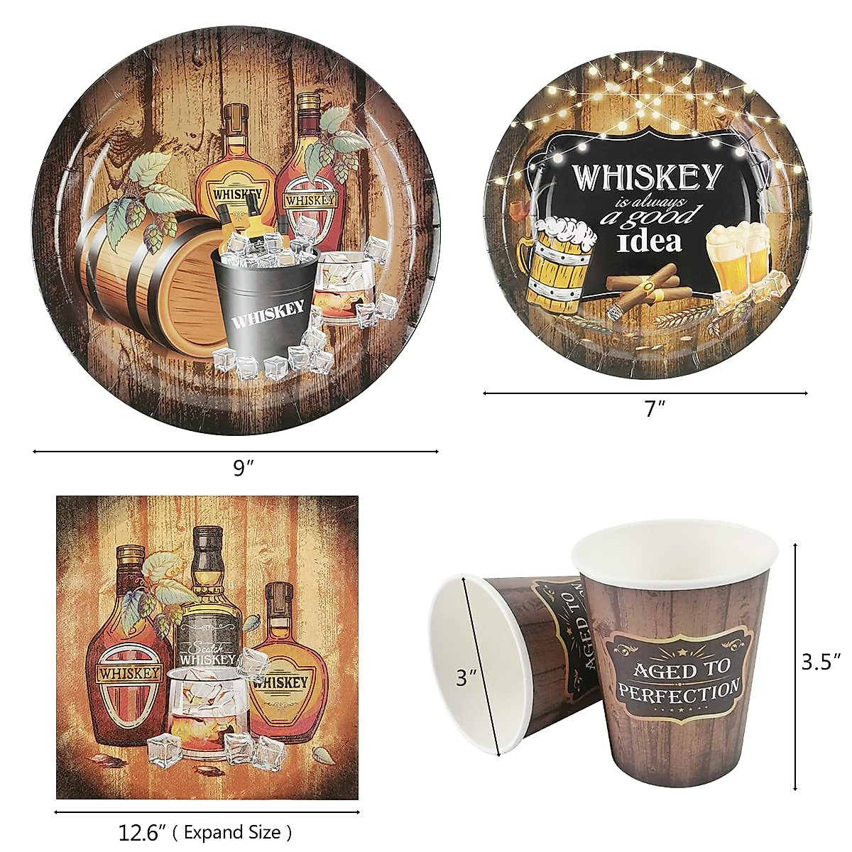 Cieovo Whiskey Party Supplies Set for 16 Guests Including Dinner Plates, Dessert Plates, Lunch Napkins, Cups for Whiskey and Beer Theme Birthday Family Party Decorations
