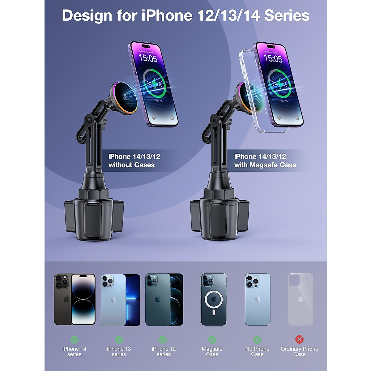 MOKPR for MagSafe Car Mount Charger- Wireless Car Charger Magnetic Cup Holder Phone Mount-Colorful LED HandsFree Magnet Car Charger for iPhone 15/14/13/12 Series