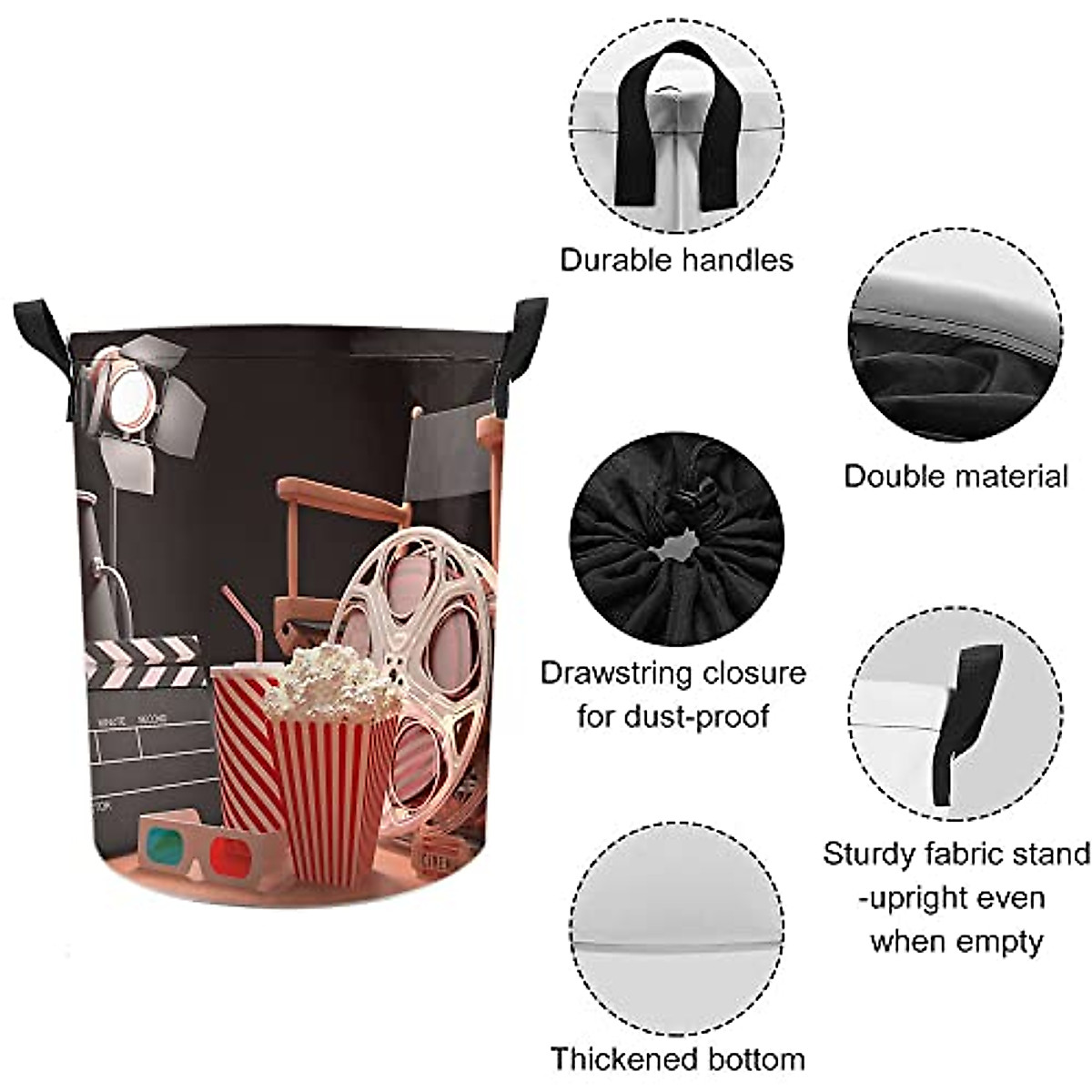 KURISOE Movie Theater Laundry Hamper Cinema Retro Movie Festival Poster Laundry Hamper movie theater tickets Organizer Basket for Girl Bedroom, Bathroom, Dorm