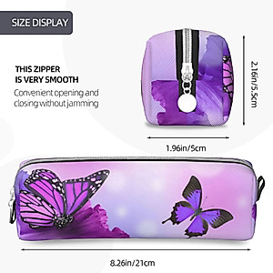 Ykklima Leather Pencil Case - Butterfly on Purple Flowers Pattern, Stationery Bag Pen Organizer Makeup Cosmetic Holder Pouch for School Work Office College