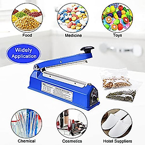 Suteck 8 inch Impulse Bag Sealer, Manual Poly Bag Sealing Machine w/Adjustable Timer Electric Heat Seal Closer with 50Pcs 4X6 Inch Shrink Wrap Bag and 2 Free Replacement Kit (Sapphire)