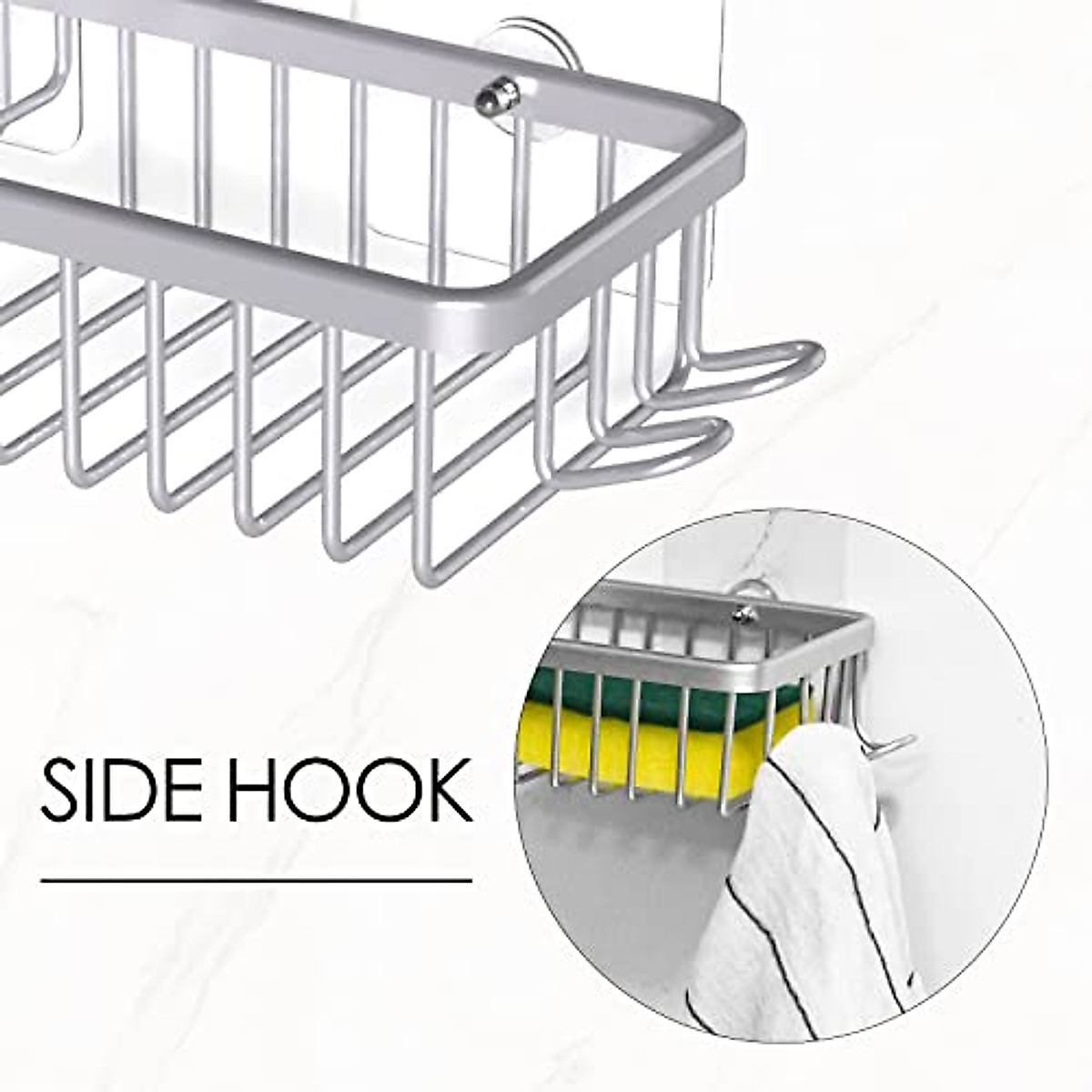 Linkidea Wall Mounted Shower Caddy Shelf with Hooks and Soap Holder, Aluminum Adhesive Shower Organizer Rack, No Drilling Shower Basket for Bathroom (Silver)