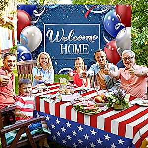2 Pieces Large Welcome Home Banner and American Flag Tablecloth 4th of July Backdrop Patriotic Plastic Table Cover Deployment Returning Party Supplies Military Army Homecoming Party Decorations