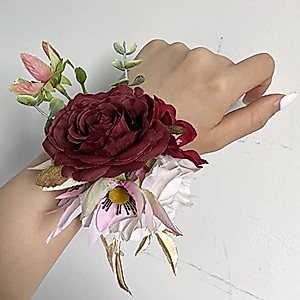 Rinlong Set of 6 Burgundy Wrist Corsage Wristlet Band Bracelet Wrist Flowers Wedding Bride Bridesmaid Flower Accessories Decoration