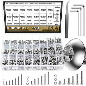 1504 Pieces Button Head Socket Cap Screws Nuts Washers Kit, Kindroufly M2 M3 M4 Screw Assortment Kit, Machine Screws, 304 Stainless Steel, Fully Machine Thread, Silver