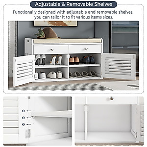 WARMHONIU Shoe Storage Bench with 2 Drawers & 2 Door Cabinet, Entryway Bench with Shoe Storage, Shoe Bench with Cushion, Adjustable Shelves, Shoe Rack Bench for Entryway, Hallway, Bedroom, White