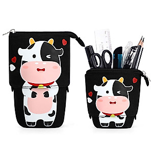 Cute Standing Pencil Case for Kids, Pop Up Pencil Box Makeup Pouch, Christmas Gift Kids Canvas Pen Holder Organizer Cosmetics Bag, Kawaii Stationary (Baby Cow)