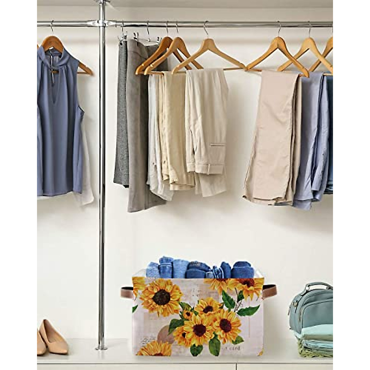 Storage Baskets for Shelves, Foldable Rectangle Storage Baskets, Sunflower with Old Newspaper Storage Containers for Organizing Dorm Closet Room, 2-Pack (15” x 11” x 9.5”)