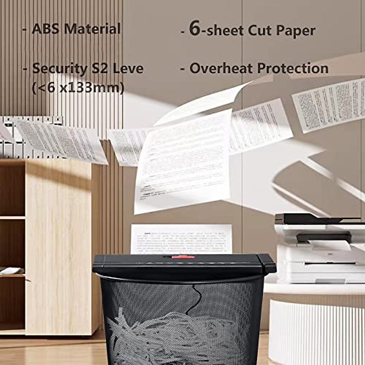 SYBOYIE Paper Shredders for Home Office Use, Up to 6-Sheet Cut Paper(A4), 2 Minutes Continuous Run Time Portable Shredder with Adjustable Handle, 85% Confidential, Black (Black)