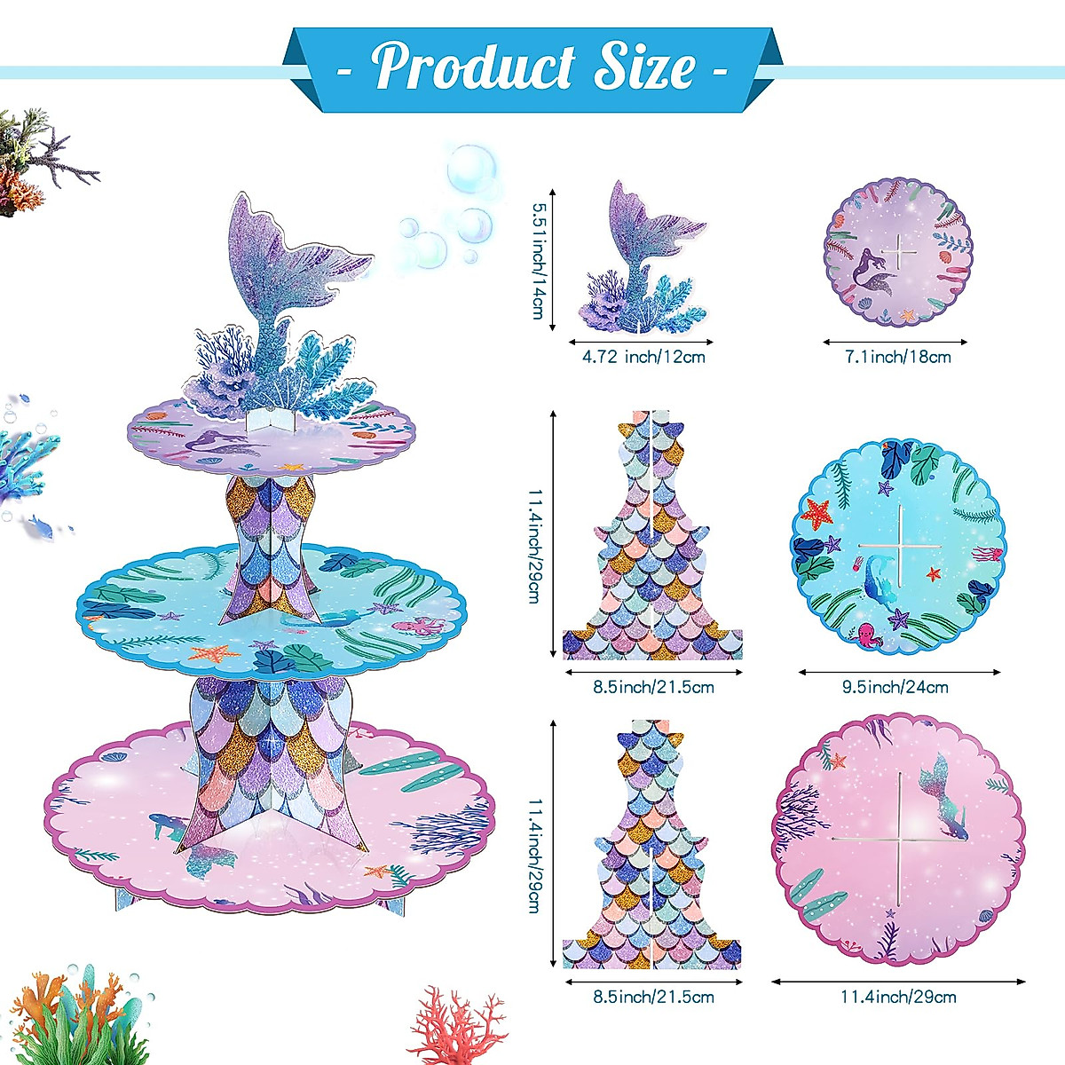 BACUTHY 2 Pack Mermaid Cupcake Stand Birthday Party Decorations, Under The Sea Supplies Favors with Mermaid Tail Toppers for Little Girl, Baby Shower