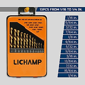 Lichamp Left Hand Drill Bit Set for Metal Sheet, 13-Piece Genuine M2 HSS Twist Reverse Drill Bits, 13 Sizes from 1/16 to 1/4 inches