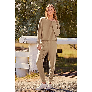 PRETTYGARDEN Women's Fall Fashion Outfits 2 Piece Sweatsuit Long Sleeve Pullover Long Pants Ribbed Matching Lounge Set (Khaki,Medium)