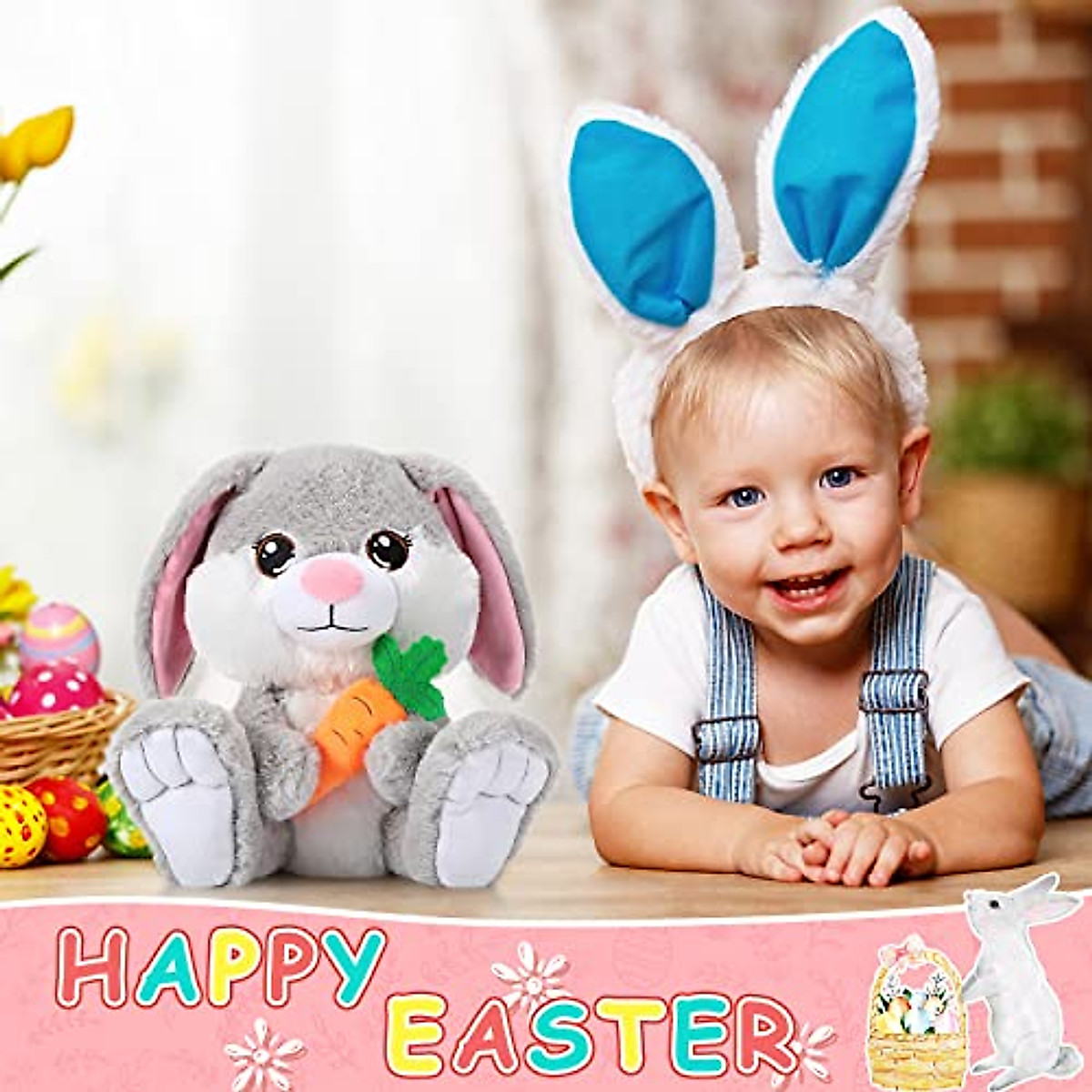 Chalyna 8 Inch Easter Plush Bunny Rabbit Stuffed Animal Gray Floppy Ear Sitting Bunny Huggable and Washable Bunny Plush Toy Gift for Kids Girls Boys Birthday Easter Stuffers Birthday Party Supplies