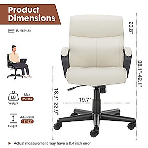 OLIXIS Mid-Back Office Chair with Armrests, Adjustable Height, 360-Degree Swivel Lumbar Support, PU Leather, Cream