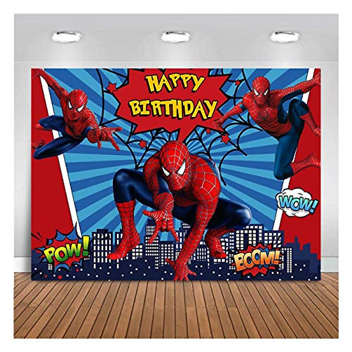1Superhero City Theme Photography Backdrops Red Blue Stripe Spiderman Children Boys Happy Birthday Party Photo Background 5x3ft Newborn Baby Shower Banner Supplies Cake Dessert Table Decor Props Vinyl