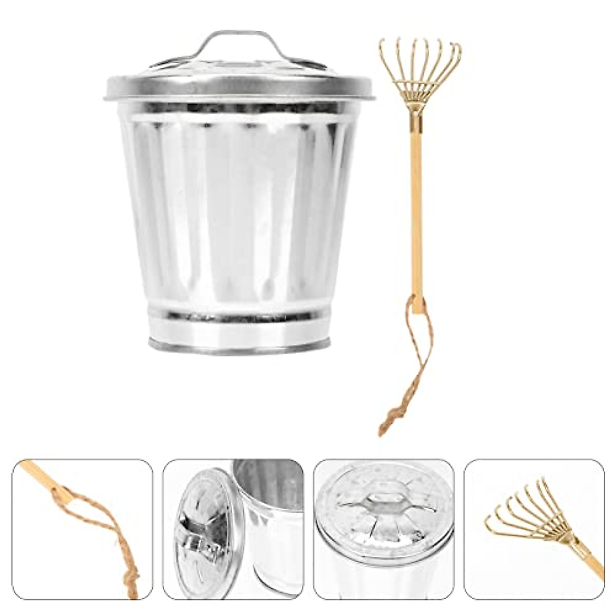 Cabilock Trash Cans Desk Topper Mini Small Trash Can Desktop Garbage Can Trash Can Countertop Trash Bin Mini Wastebasket with Mini Rake and Lid Zen Garden Tools Tabletop Accessories Retro Decor