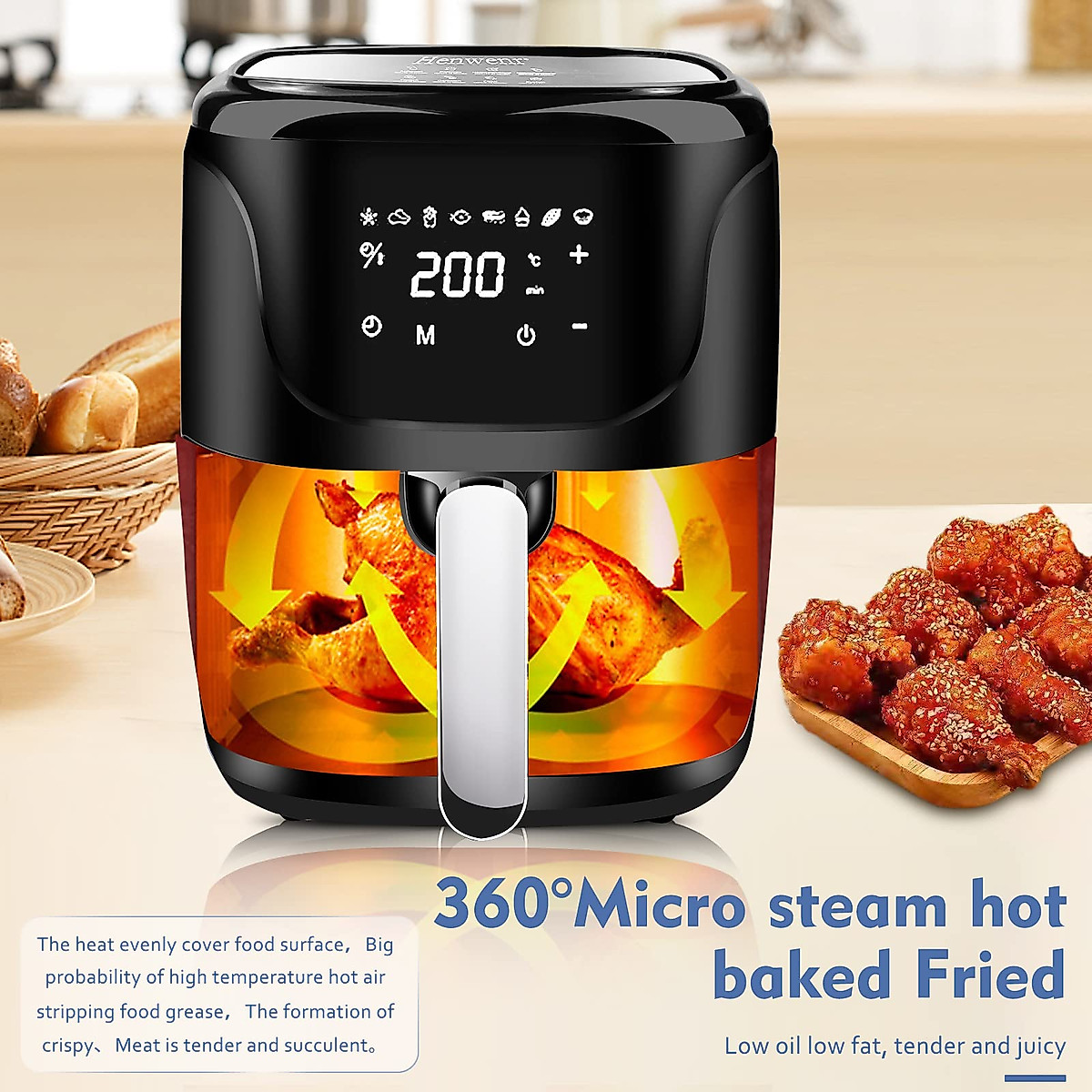 Henwenr Air Fryer 6 QT Airfryer Digital Air Fryer 8 Preset Menus Hot Air Fryer Cooker with Adjustable Temperature Control 30 Minute Timer Auto Shut Off Nonstick Tray ,1350W Air Fryer Black…