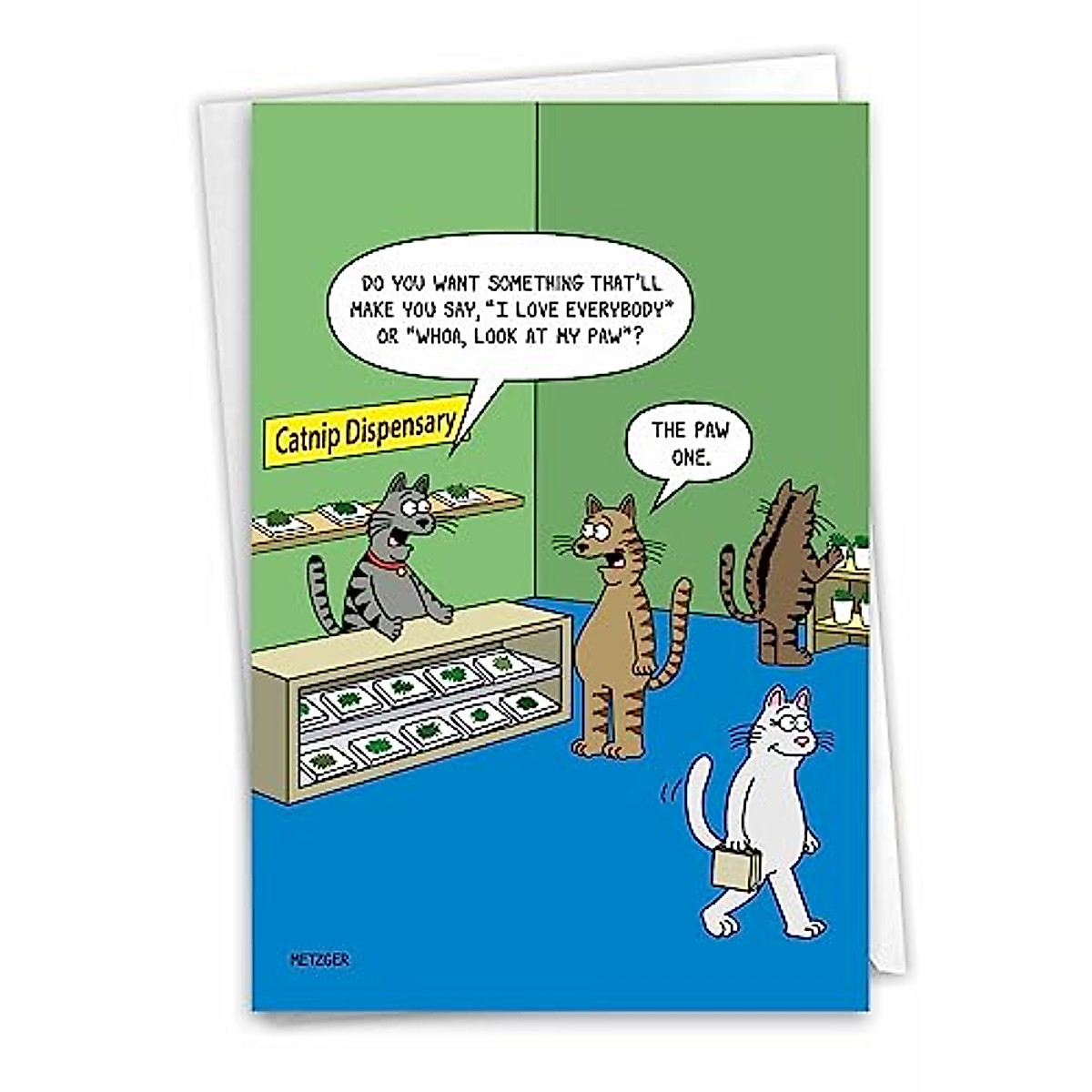 NobleWorks - 1 Funny Animal Card for Birthdays - Pet Cat and Dog Humor, Birthday Notecard with Envelope - Catnip Dispensary C9315BDG