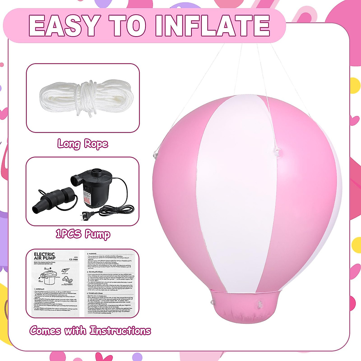 Syhood Half Hot Air Balloon with Air Pump Inflatable Baby Shower Party Hanging Balloon for Girls Boys Baby Indoor Outdoor Decoration for Kids Birthday Nursery Wedding Exhibitions (Pink,5 ft)