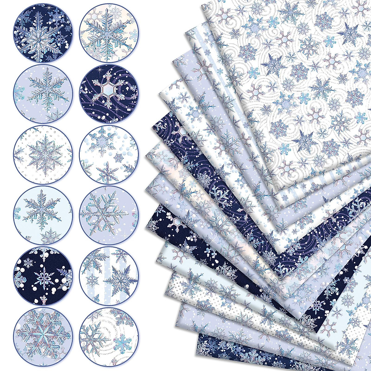 Whaline 12Pcs Winter Cotton Fabric Bundles Blue Purple Snowflake Fat Quarter Xmas Winter Quilting Patchwork for DIY Handmade Sewing Crafting, 18 x 22 Inch