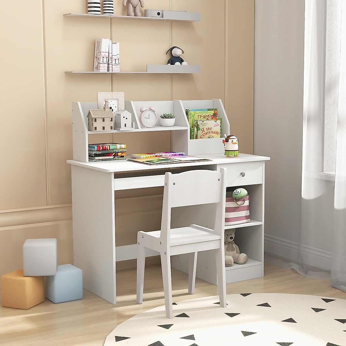 Giantex Kids Study Desk, Children Wooden Computer Desk with Hutch, Bookshelf, Keyboard Tray, Drawer, Storage Shelves, Student Writing Table Computer Workstation for Home School Use, White