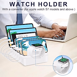 MERGROLY Fast Charging Station for Multiple Devices, 50W 6-Ports USB Charging Station with10-Slot, Detachable Dividers, Watch Holder, Compatible With Phone/iPad/Kindle/Tablet (6 Short Cables Included)