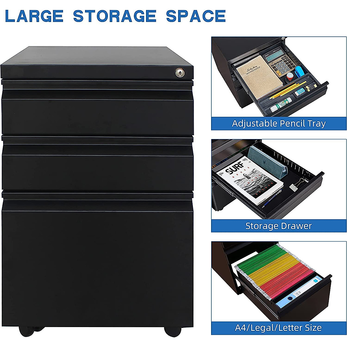 3 Drawer Locking File Cabinet, Under Desk Metal Filing Cabinet for Legal/Letter/A4 File, Fully Assembled Include Wheels, Home/Office Design (Black)