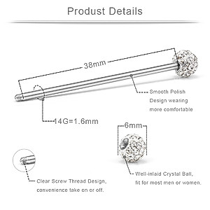 Ruifan 5PCS 14G Mix Color Crystal Ball Stainless Steel Industrial Barbell Earring Cartilage Body Piercing Jewelry 1 1/2 Inch(38mm) - Style 2#