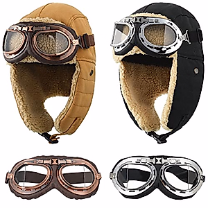 JaGely 4 Pcs Pilot Hat and Goggles Flight Costume Accessories Pilot Helmet Cap with Ear Flaps Hat Adults Winter (Black, Khaki)