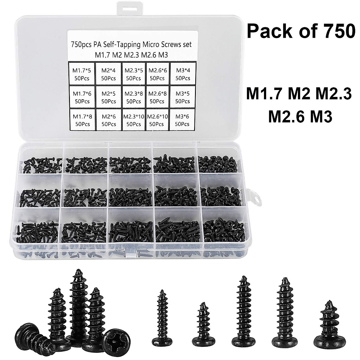 HanTof 750Pcs Small/Micro/Tiny/Mini Self-Tapping Screws,M1.7 M2 M2.3 M2.6 M3 Phillips Pan Head Screws for Laptop Computer Repair,Cross Recessed Wood Screws,DIY Electronic Screws,Carbon Steel (Black)