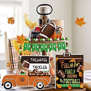 Fall Decor - Football Tiered Tray Decor Bundle 6 PCS - Fall Decorations for Home, 4 Football Wooden Signs - Wood Beads Garland - Mini Wooden Banner - Farmhouse Home Autumn Harvest Table Shelf Decor