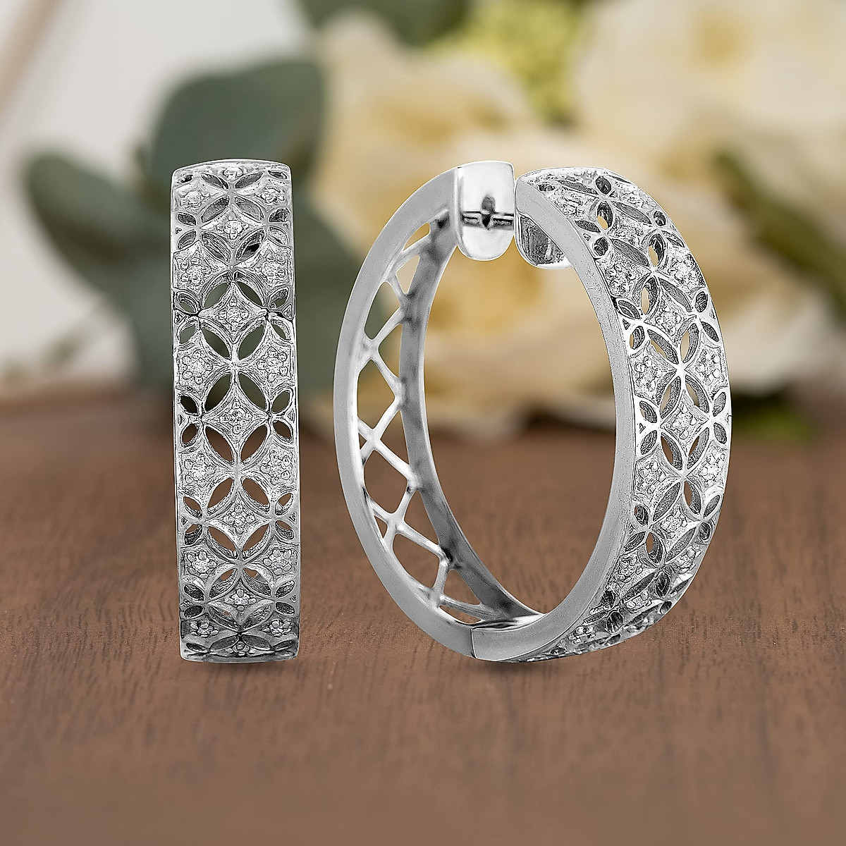 Natalia Drake Antique Style 1/5 Cttw Diamond Hoop Earrings for Women in Rhodium Plated 925 Sterling Silver