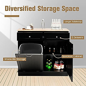 LOKO Tilt Out Trash Cabinet, Kitchen Trash Cabinet with 2 Drawers & Adjustable Shelf, Pet Proof Trash Can Cabinet with Rubber Wood Tabletop, 39.5 x 14 x 35.5 inches (Black)